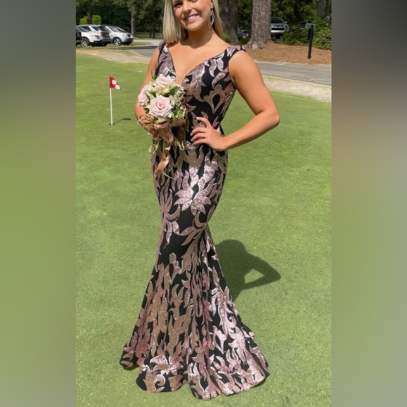 Jovani | Dresses | Jovani Off The Shoulder Black And Rose Gold Sequin ...